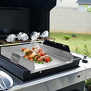 Minneer 100% Stainless Steel Universal Griddle with Even Heat Cross Bracing and Integral Handles for Charcoal/Gas Grills, Camping, Tailgating, and Parties (32" - 18")