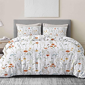 MULLEPP White Floral Duvet Cover Queen Size 3 Piece Farmhouse Yellow Botanical Flowers Leaf Pattern Microfiber Bedding Comforter Cover Set, Soft and Lightweight Quilt Cover for All Season