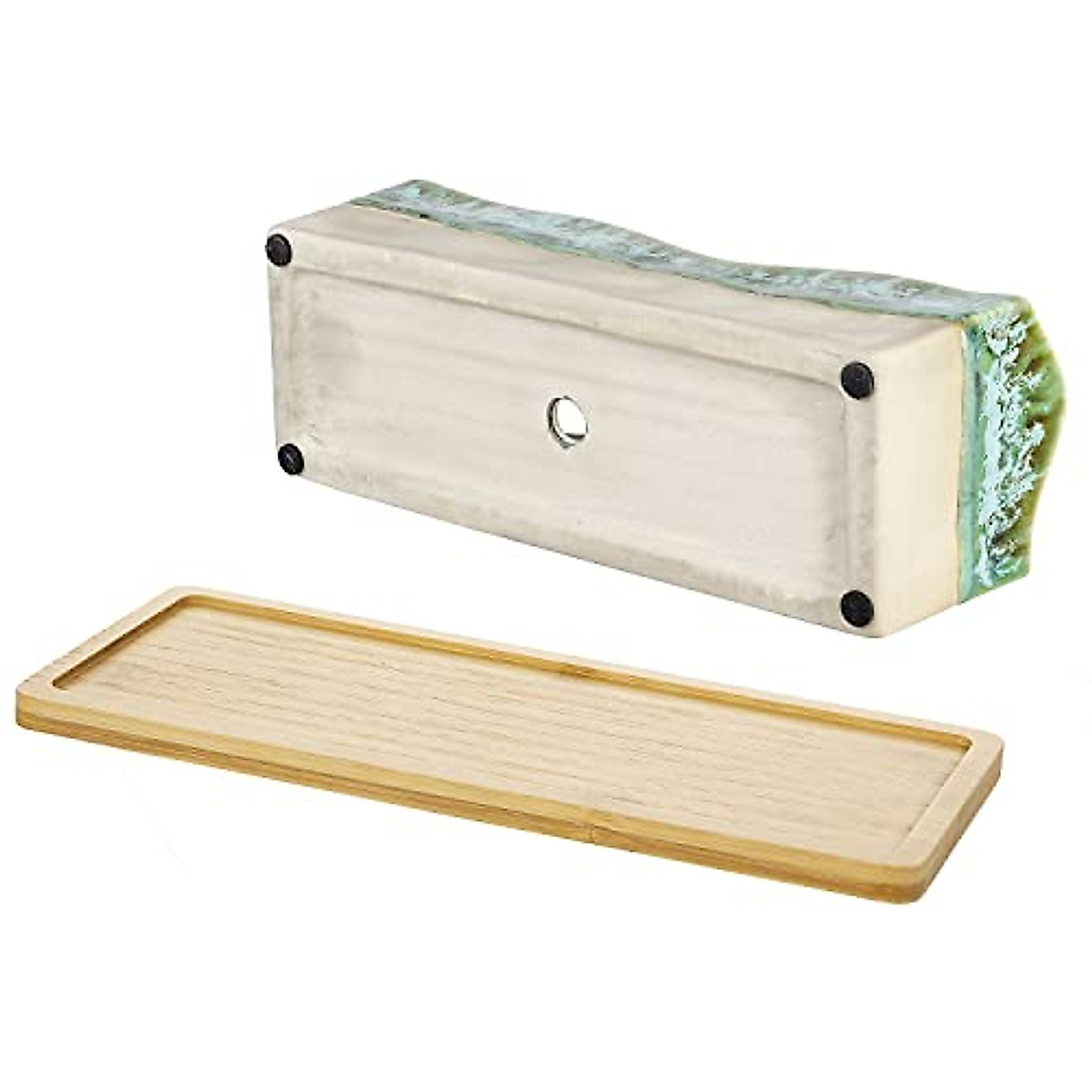 MyGift Rectangular Succulent Planter - Decorative Beige and Green Ceramic Glazed Plant Container Pot with Removable Bamboo Tray