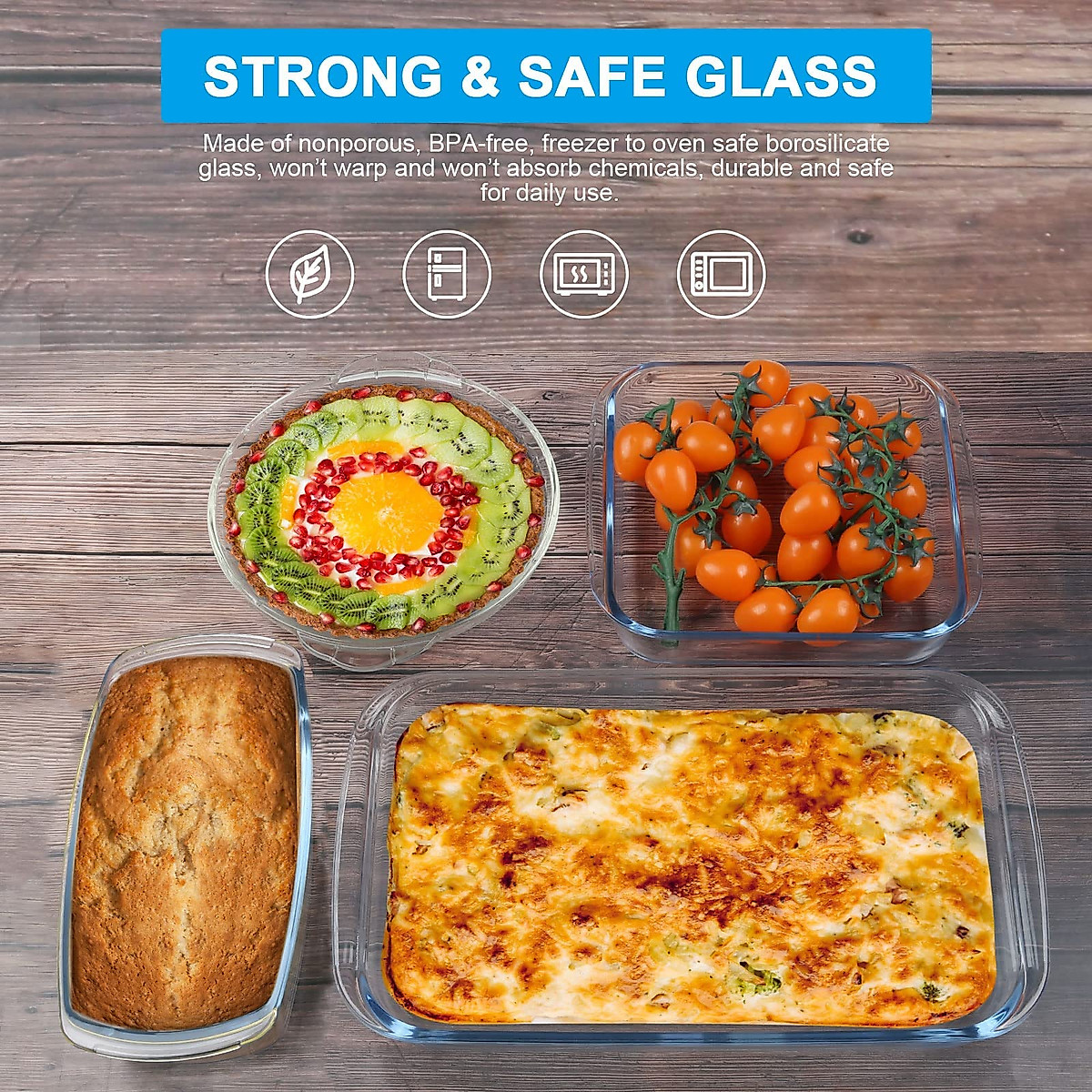 7-Piece Glass Bakeware Set, Baking Dishes, Glass Loaf Pan with Lids, Glass Pie Plate, 9x13 Roasting Pan, Square Pan, Fridge-to-Oven-Friendly