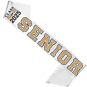 Senior Sash 2025 - Gold Sparkle with Black Outline Class of 2025 Senior White PREMIUM GRADE SATIN Sash - Senior Night Supplies & Gifts - White Sash (ClsOf25 GLD w/BLK) WHT