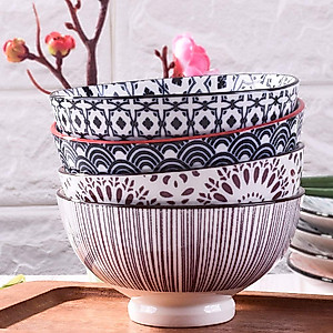 Set of 4 Rice Bowls, 4.5 Inch, Japanese Style Ceramic Rice Bowls, Glazed Tableware of Various Designs, Suitable for Dessert Snacks, Cereal Soup