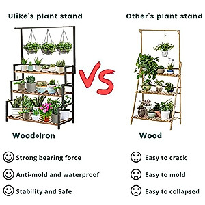 ULIKE Hanging Plant Shelves Indoor 3-Tier Stand with Bar, Flower Pot Organizer Outdoor Shelf for Multiple Plants, Wood Rack with Metal Frame for Garden Balcony Patio Bedroom Office