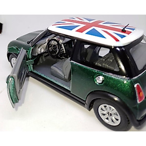 KiNSMART Mini Cooper S 5" 1:28 Scale Die Cast Metal Model Toy Car British Flag Green w/Pullback Action