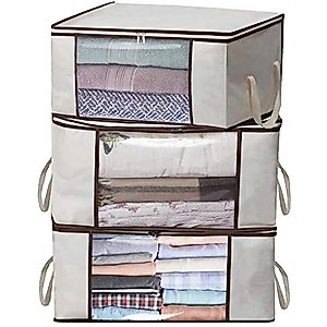 MISSLO Thick Oxford Clothing Organizer Storage Bags for Clothes, Blanket, Comforter, Closet, Medium, 3 Piece Set (Beige)