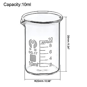 PATIKIL 10ml Low Form Glass Beaker, 3.3 Borosilicate Glass Graduated Printed Scale Measuring Cups with Spout for Kitchen Lab Liquids Transit Boiling