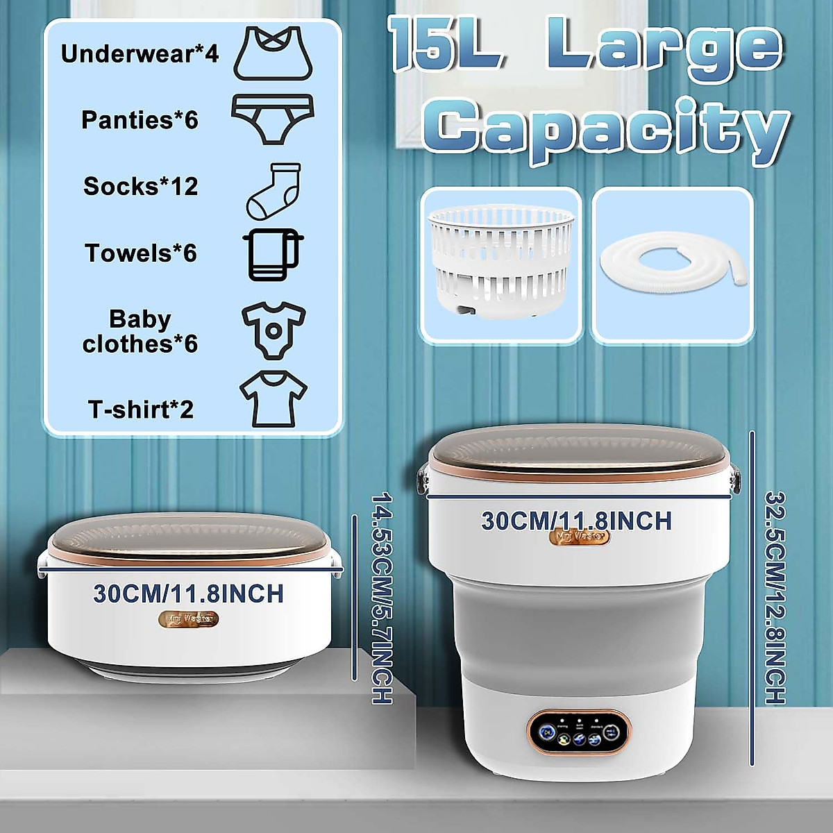 Portable Washing Machine, 15L New Updated Small Washing and Dryer Machine, Collapsible Mini Washer with Spin for Travel, Apartment, Baby Clothes, Socks (Grey)