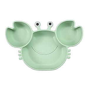PandaEar 2 Pack Silicone Suction Plate for Baby, Divided Unbreakable Toddler Food Plate with 2 Pack Spoons for Self Feeding, Toddler Utensils Feeding Set Baby Eating Supplies, Crab Shape, Blue&Green