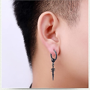 Sword Drop Dangle Small Hoop Earrings for Women Men Stainless Steel Engrave Animal Cross Dagger Halloween Statement Charms Drop Dangling Hoops Cuff Cartilage Wrap Vintage Punk Pray Jewelry (Black)