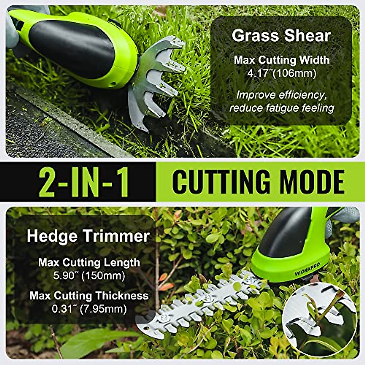 WORKPRO Cordless Grass Shear & Shrubbery Trimmer - 2 in 1 Handheld Hedge Trimmer 7.2V Electric Grass Trimmer Hedge Shears/Grass Cutter Rechargeable Lithium-Ion Battery and Type-C Cable Included