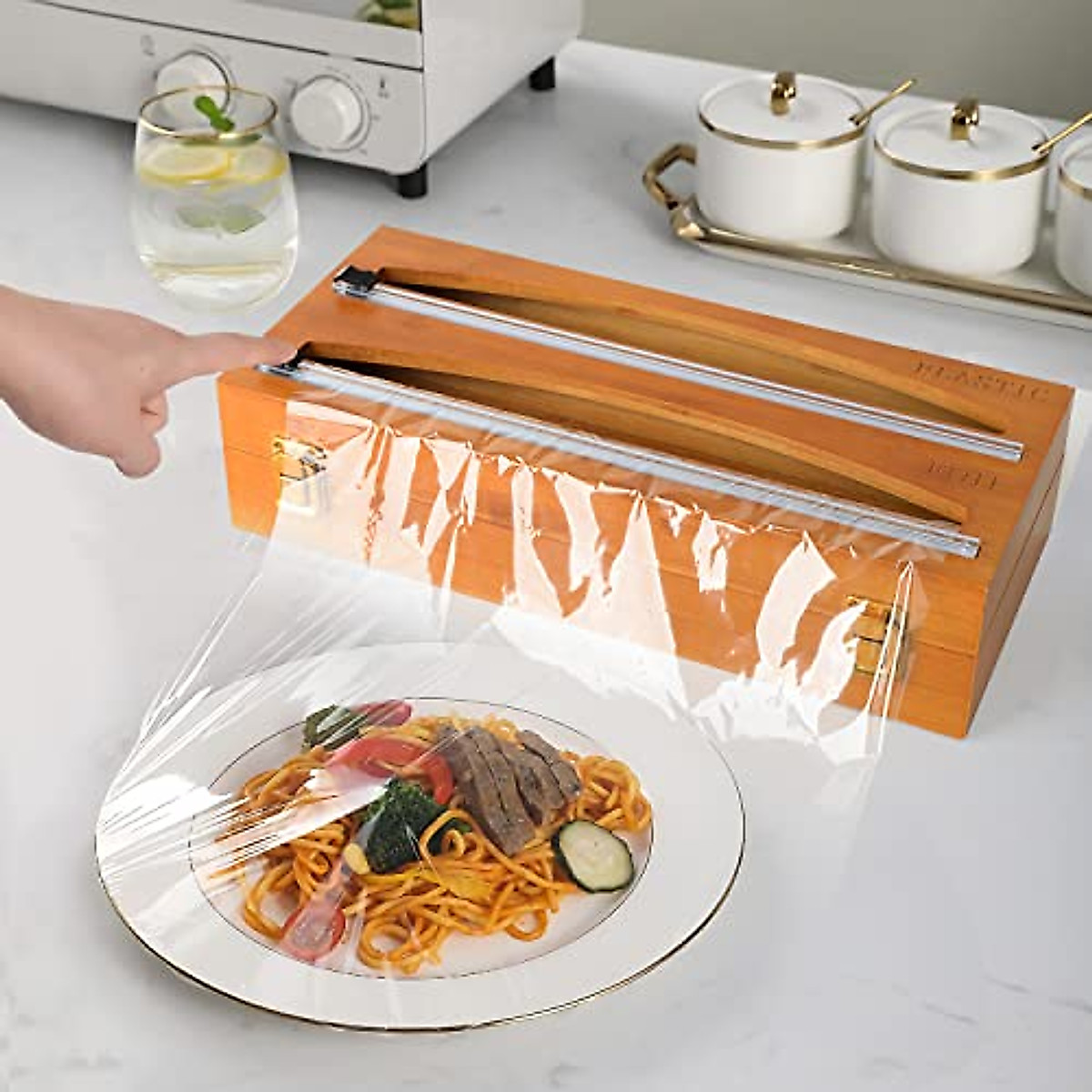 Besititli Foil and Plastic Wrap Organizer with Cutter, 2 in 1 Wrap Dispenser, Bamboo Foil Organizer for Drawer, Aluminum Foil Dispenser, Plastic Wrap Dispenser for Kitchen Organization and Storage