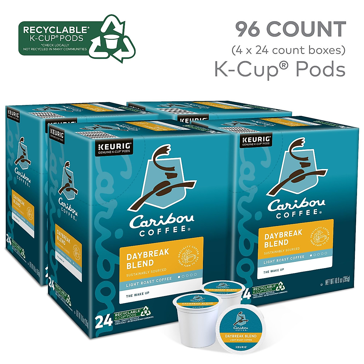 Caribou Coffee Daybreak Morning Blend, Single-Serve Keurig K-Cup Pods, Light Roast Coffee, 24 Count (11.9g)(Pack of 4)