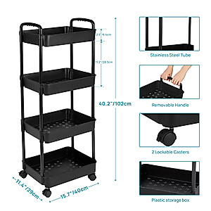 Vtopmart 4 Tier Rolling Cart with Wheels, Detachable Utility Storage Cart with Handle and Lockable Casters, Storage Basket Organizer Shelves, Easy Assemble for Bathroom, Kitchen, Black