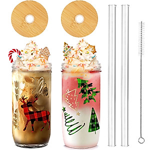 ANOTION Christmas Cups, 24oz Colored Christmas Mugs Mason Jars Glass Cups with Lid and Straw Christmas Tumbler Drinking Glasses Coffee Cups Cookie Jar Glassware Xmas Decorations Gifts for Women Men