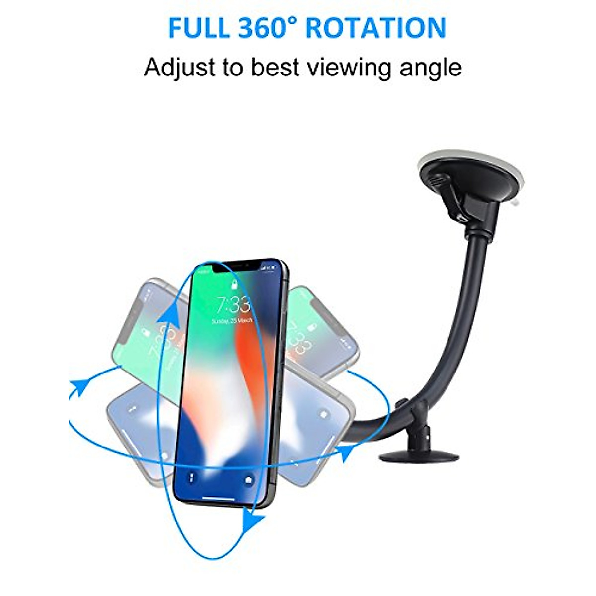 EXSHOW Car Phone Holder, Magnetic Windscreen Car Mount, Flexible Long Arm Windshield Suction Phone Cradle with Dashboard Base for iPhone xr xs x 8 Plus Huawei Mate 10 9 Honor Samsung S10 S9+ Note etc