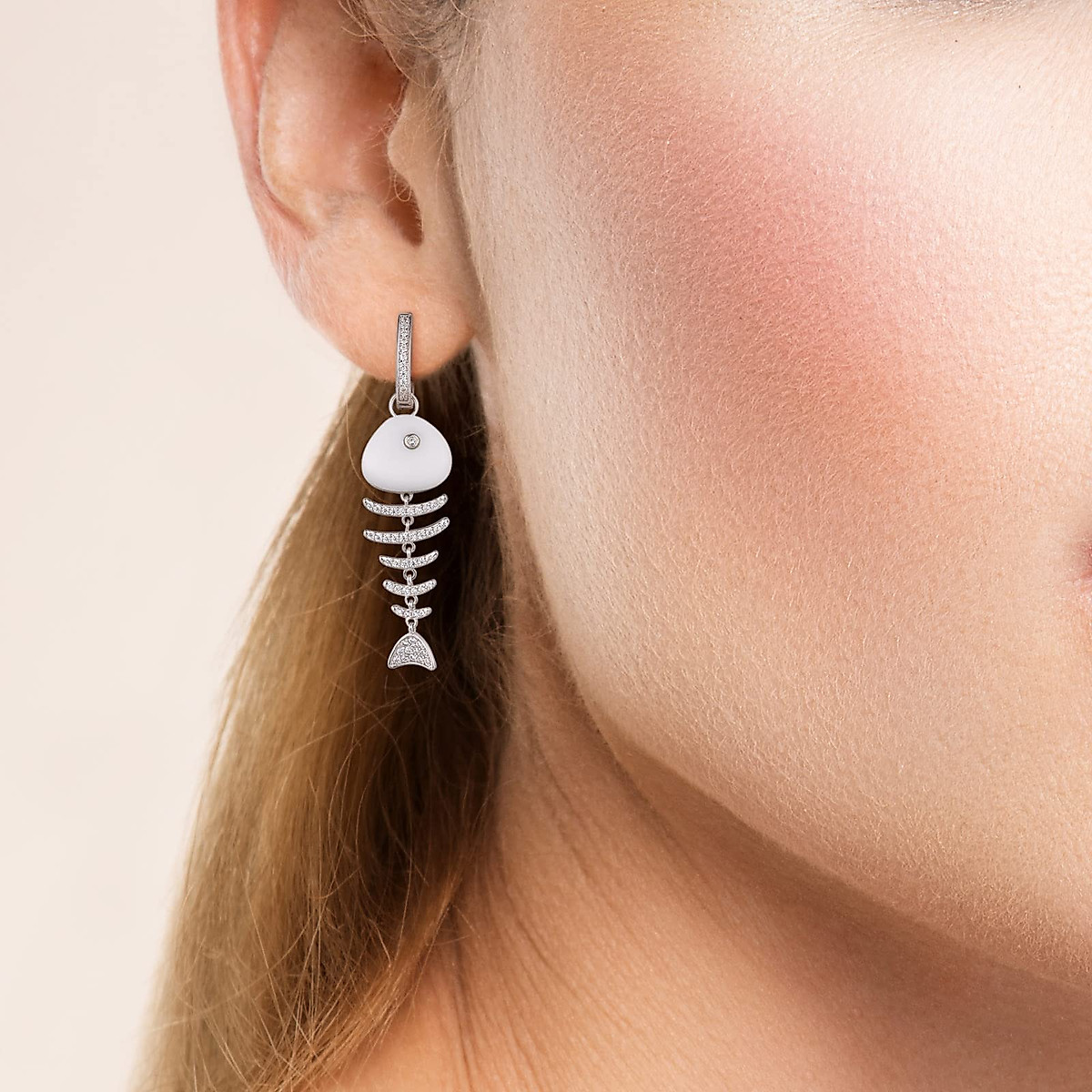 Santuzza 925 Sterling Silver Fishbone Earrings Cubic Zirconia Ceramic Fish Skeleton Dangle Earrings
