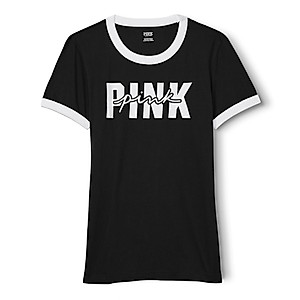 Victoria's Secret Women's PINK Logo Short Sleeve T-Shirt, Women T Shirt, Black Script, (XL)