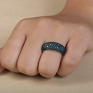 DZON Sterling Silver 1CT TDW Blue Diamond studded Ladies Cocktail Prong Set Right Hand Fashion Anniversary Wedding Multi Row Ring Band for Women (I-J, I2) Ring Size 7