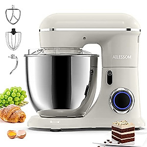 AILESSOM 3-IN-1 Electric Stand Mixer, 660W 10-Speed With Pulse Button, Attachments include 6.5QT Bowl, Dough Hook, Beater, Whisk for Most Home Cooks, Almond Cream