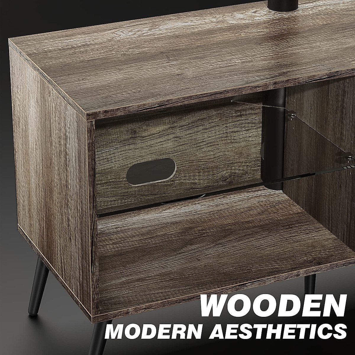 Rfiver Swivel Wood TV Stand with Mount for 32-70 Inch Flat Screen TVs, Entertainment Center with 4-Shelf Storage Cabinet for Media Console, Universal Floor TV Stand Cabinet for Home, Rustic Oak