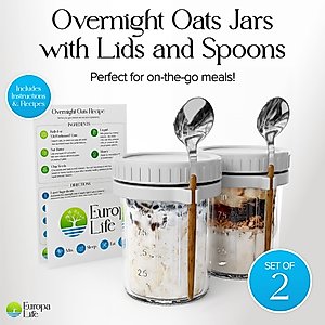 Overnight Oats Containers With Lid And Spoons | Mason Jars For Overnight Oats, Milk, Cereal| Small Containers with Lids | 10 OZ Each | Oatmeal Container | Includes Instructions & Recipes (Grey & Grey)