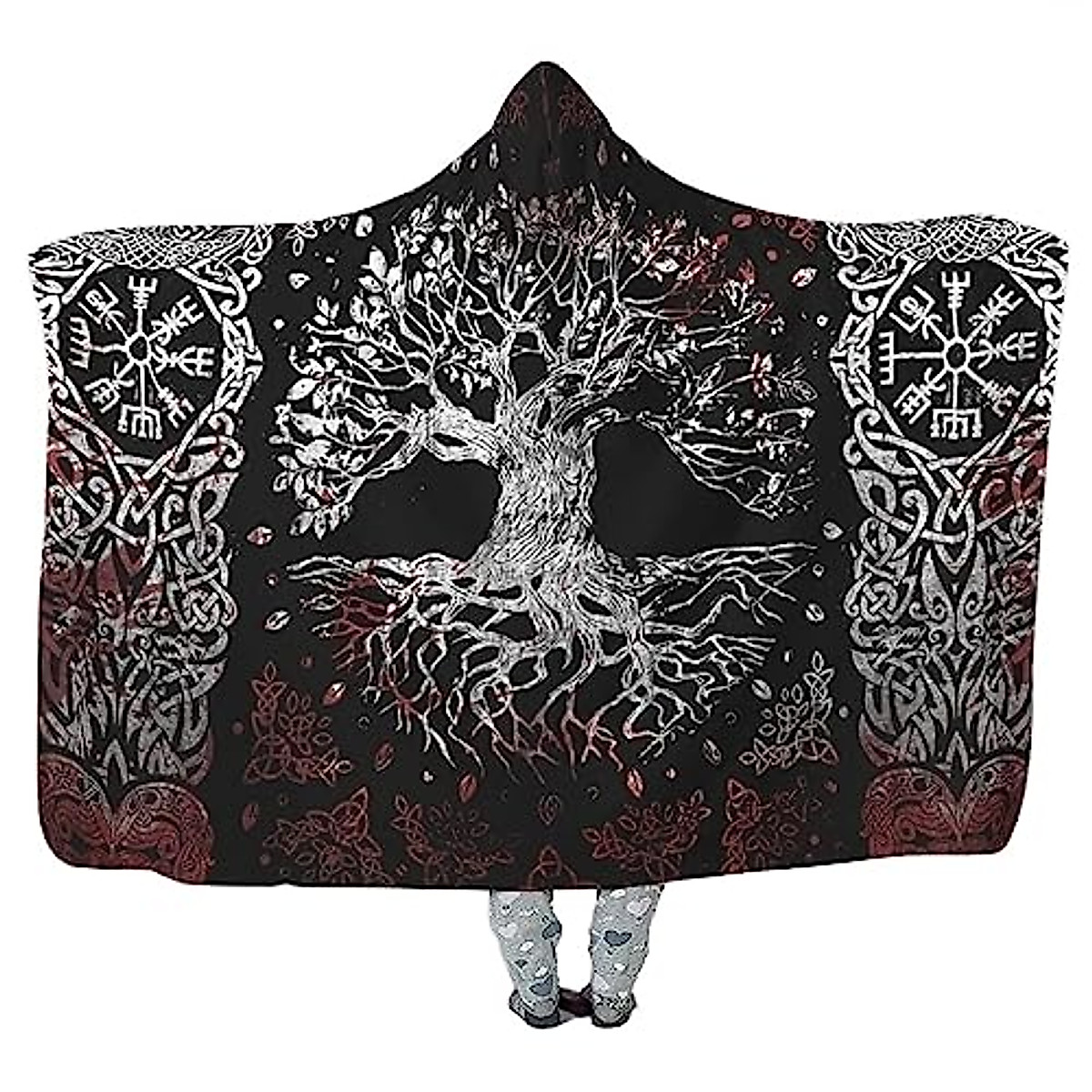 Viking 3D Printing Hooded Blanket Warm Soft Compass Tree Of Life Raven Rune Unisex Winter Wearable Hooded Blanket Double Thick Plush Wool Blanket Cape ( Color : Blanket , Size : 80x60in/150x200cm )