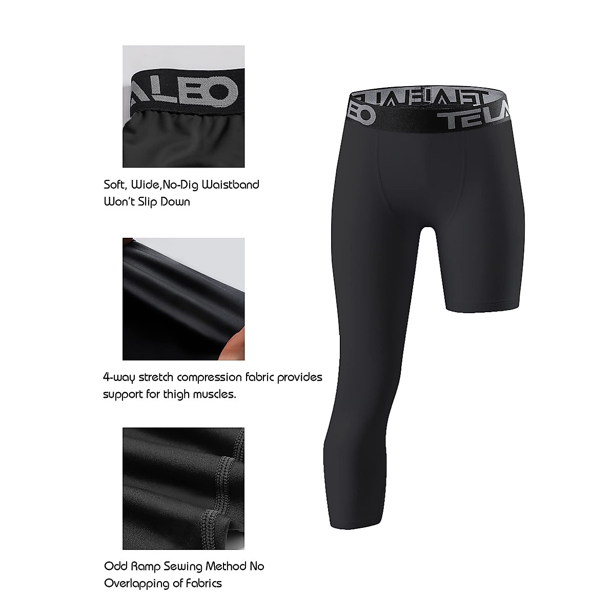 4 Pack Boys Youth 3/4 One Leg Compression Leggings for Basketball Capri Tights 3/4 Compression Pants Boys White Black(Left)-S