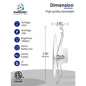 Energetic 5/6 Inch LED Recessed Lighting, 1000LM, 5000K Daylight Downlight, 12W=150W, Dimmable LED Can Light, Simple Retrofit Installation, IC & Wet Rated, FCC & ETL Listed, 12 Pack