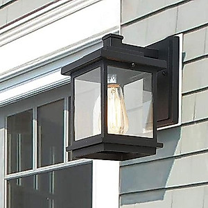 LALUZ Rectangle Porch Lights Outdoor, A03156 Farmhouse Weather-Proof Exterior Light Fixture with Clear Glass, Anti-Rust Outdoor Wall Lantern in Matte Black Finish for Front Door, Patio, Yards, Garage