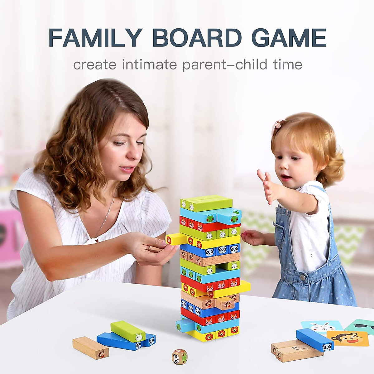 TOOKYLAND Colored Wooden Blocks Stacking Board Games Tumble Tower Games with Animal Pictures for Kids Boys Girls - 80 Pieces