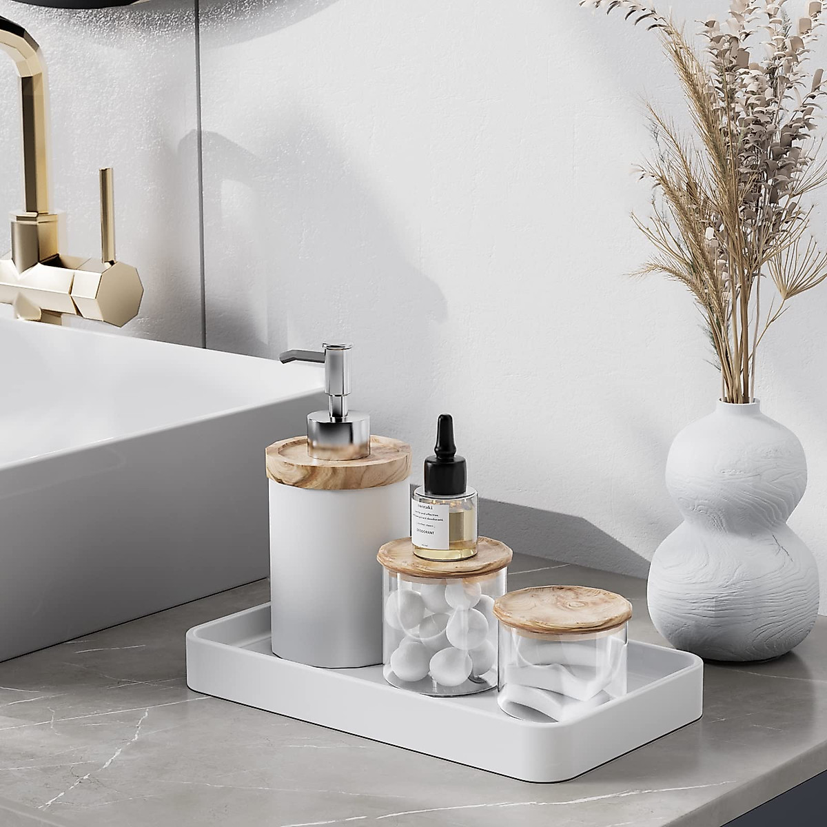 Gurygo 10" Ceramic Bathroom Vanity Tray for Kitchen Counter – Soap Dispenser Trays - Bathroom Tray - Kitchen Tray for Soap Bottles Organization (White, Set/1)