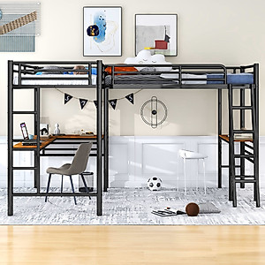 Harper & Bright Designs L Shaped Metal Loft Bed with 2 Desk, Twin Loft Bed with Safety Rail and 2 Ladder, Heavy-Duty Steel Frame Corner Twin Bed for 2 Kids Girls Boys Teens (Twin Size, Black)