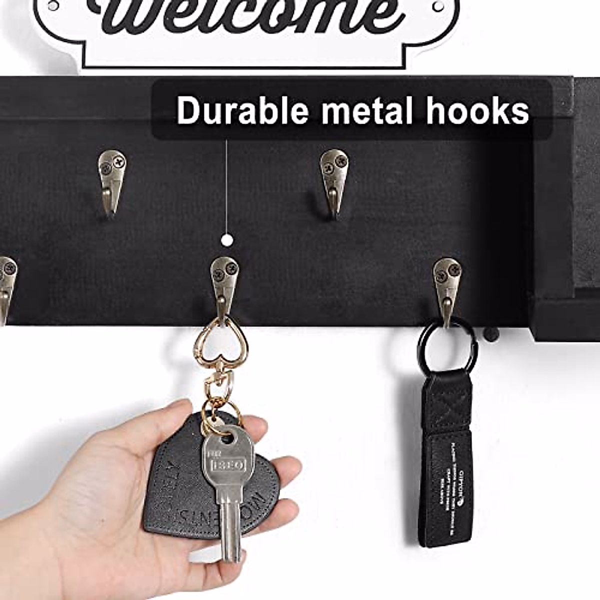 Decorative Key Holder for Wall with Shelf, Entryway Shelf with Hooks Holds Leashes, Jackets and Glasses – Sturdy Wood Keyholder Entrance Hanger with Mounting Hardware (15.6” x 4.7” x 3.5”) (Black)