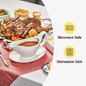 Dinnerlit Gravy Boat with Saucer - 16oz Fine Porcelain Sauce & Salad Dressing Boat (White)