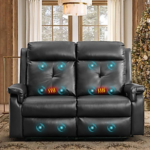 VUYUYU 2 Seater Recliner Sofa - Double Reclining Loveseat with Massage & Heating - PU Leather Home Theater Seating Manual Recliner Motion Living Room Chair (Black)