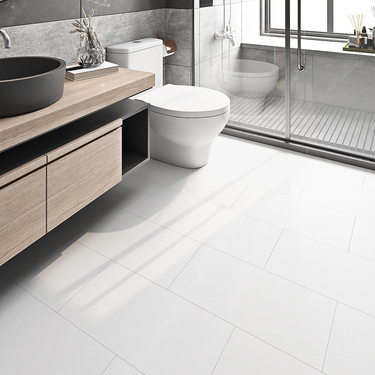 FunStick 12"x24" White Peel and Stick Floor Tile Waterproof White Vinyl Flooring Peel and Stick Wall Tiles for Kitchen Bathroom Stick on Floor Tiles for Bedroom Sticky Laminate Flooring Tiles 5 Pcs