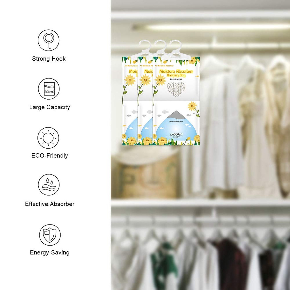 CANAGER Hanging Moisture Absorber, Fresh Scent Moistureproof Desiccant Hanging Bag，Dehumidifier Bag (8 packs) Hanging Closet Dehumidifier Bags, Moisture Absorb 12.5 oz