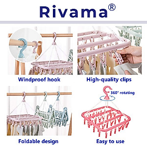 Rivama Clothes Drying Hanger with 32 Clips,Baby Clothes Drying Rack,Sock Clips for Laundry Foldable Clothes Hangers for Drying Socks,Towels,Underwear,Bras,Diapers,Baby Clothes,Gloves,Hats (Pink)