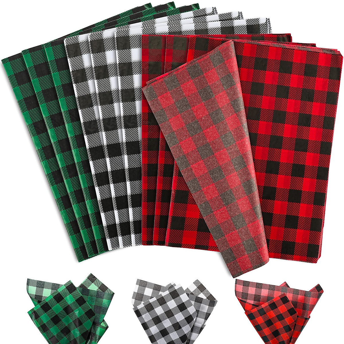 Whaline 120 Sheets Christmas Tissue Paper Buffalo Plaid Wrapping Paper Red Green White Black Gift Wrapping Paper Rustic Art Paper Crafts for Home DIY Gift Bags New Year Decor, 14 x 20inch