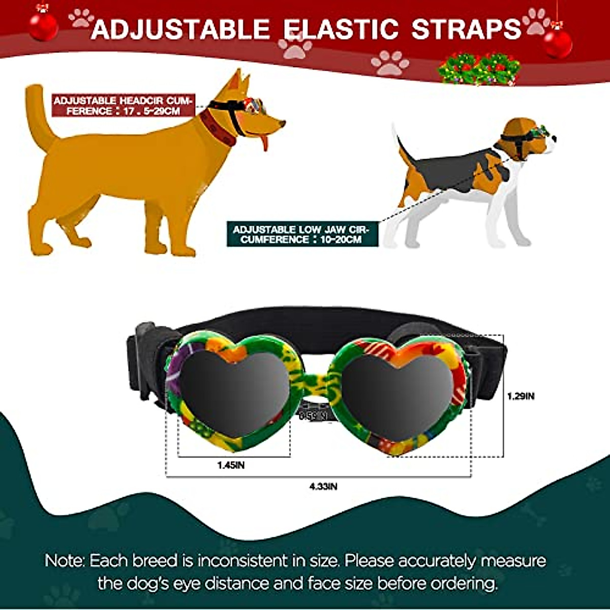 Dog Goggles, Christmas Small Dog Sunglasses, UV Protection Goggles with Adjustable Strap, Doggy Heart Shape Windproof Anti-Fog Pet Glasses for Puppy Eyes Wear Protective (Christmas-Green)
