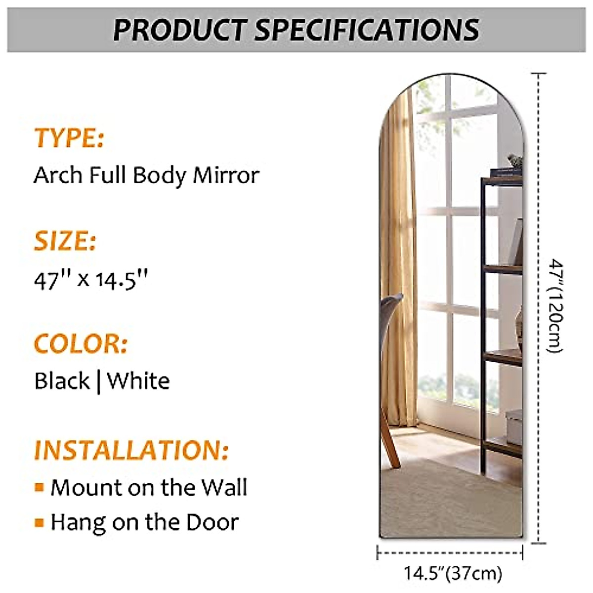 Kasibie Arched Full Length Mirror, 47"x14.5" Wall Mounted Mirror, Over The Door Hanging Mirror, Leaning Against Wall Mirror, Sleek Arched Mirror for Bedroom Living Room (Black)