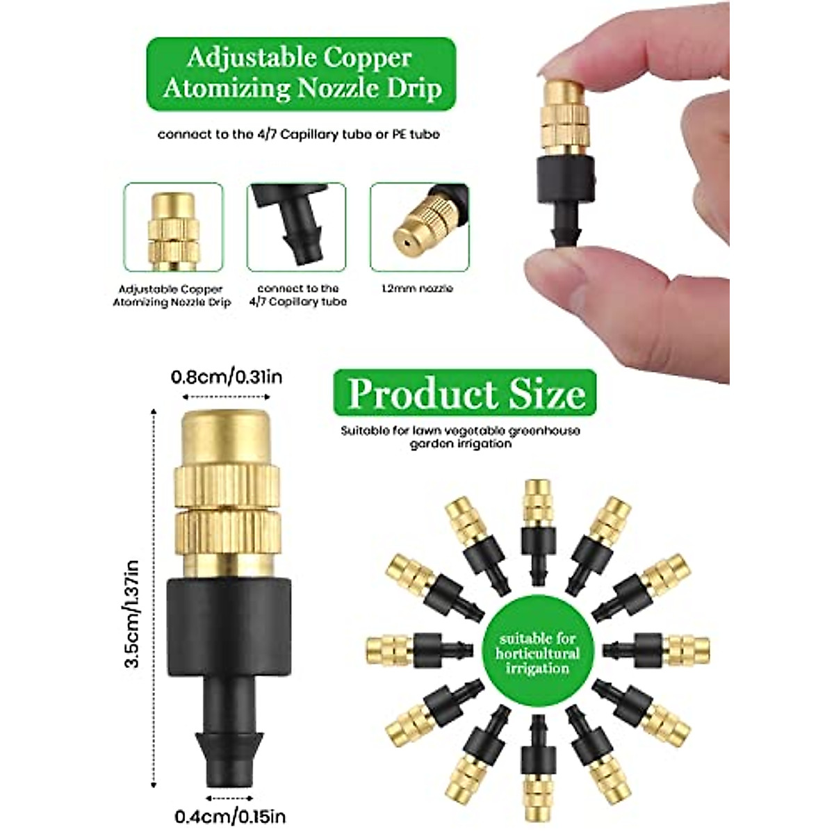 30PCS Adjustable Copper Atomizing Nozzle Kalolary Drip Irrigation Sprayer 4/7mm Atomizing Micro Sprinkler Garden Cooling Irrigation Equipment for Lawn Vegetables Greenhouse (Short)