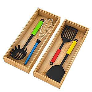 Bamboo Drawer Organizer Storage Box Kitchen - Wood Stackable Tray Utensil Organizer for Office Drawers, Cabinets, Shelves, Pantry, or Bathroom Counter, Drawer Dividers for Silverware Set of 2, 15x6x2.5 inch