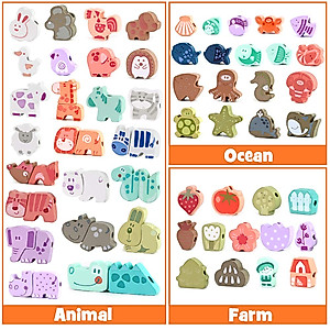 LOVESTOWN Wooden Lacing Beads, 67 PCS Stringing Beads Large Lacing Bead Animals Stringing Toy Montessori Toddler Preschool Toys for Toddlers Kid Birthday Gifts