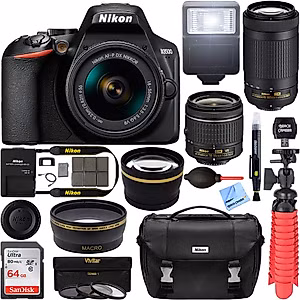 Nikon 1588 D3500 24.2MP DSLR Camera with AF-P 18-55mm VR Lens & 70-300mm Dual Zoom Lens Kit Bundle with 64GB Memory Card, DSLR Value Pack and Accessories (12 Items)