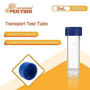 PEKYBIO Sterile Plastic Graduated Test Tubes 5ml Sample Storage Container with Screw Cap Self-Standing Lab Transport Tube, Case of 50