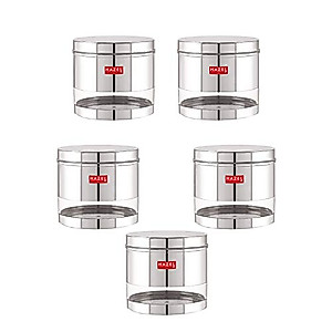 HAZEL Stainless Steel Containers Set For Kitchen Storage Transparent See Through Glossy Finish Storage Jars Dabba, Set of 5, 2000 ML Each, Silver