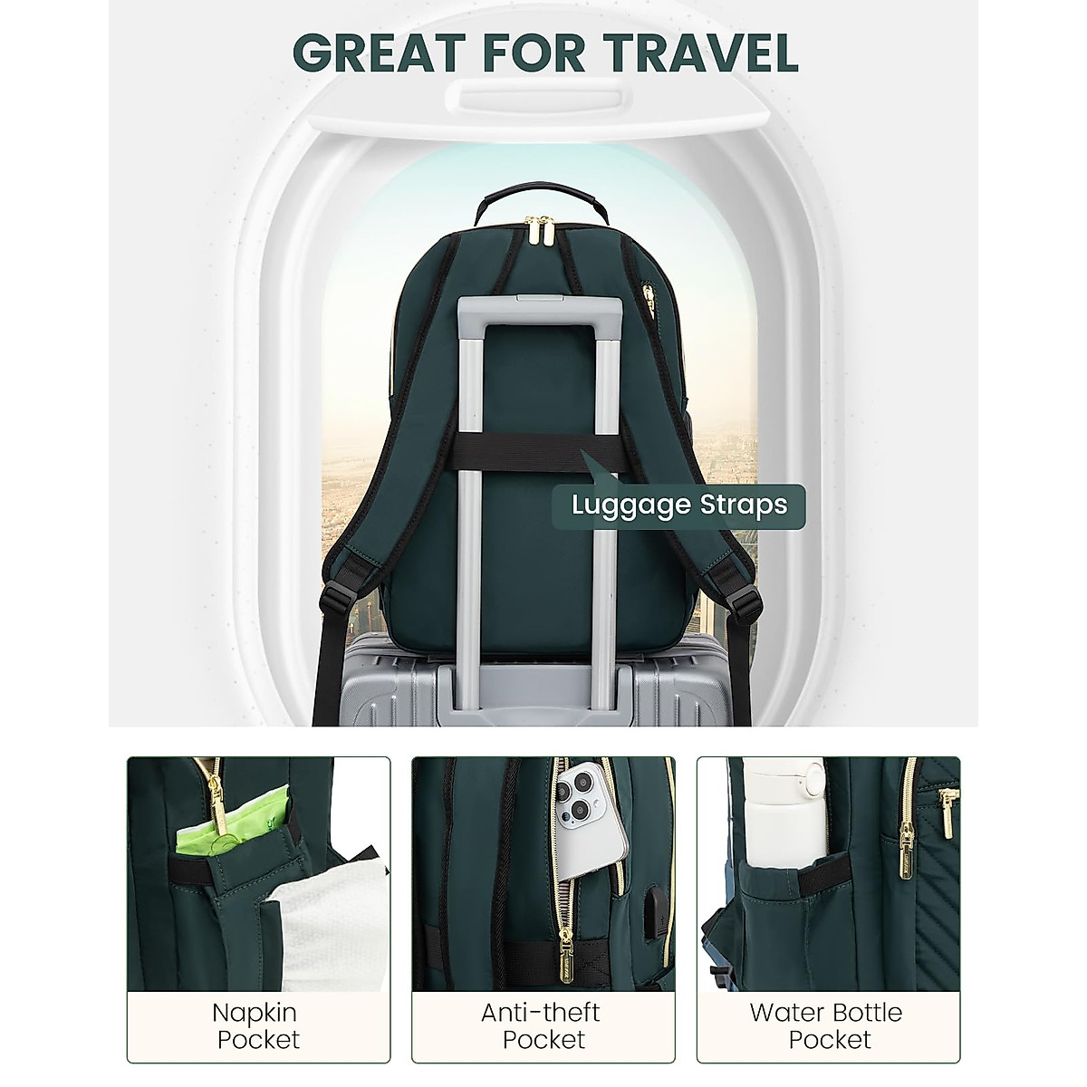 LOVEVOOK Laptop Backpack for Women, Large Capacity Travel Computer Work Bag with 17-inch Laptop Compartment, Business Nurse Backpack Purse, Hiking Outdoor Carry On Backpack, Deepgreen