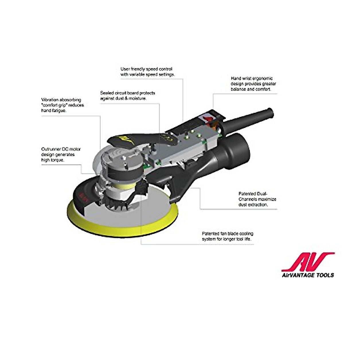 AirVANTAGE 6" Palm-Style, 2nd Generation Industrial Advanced Electric Sander Central-Vacuum with Low-Profile Pad (3/16- Hook & Loop)