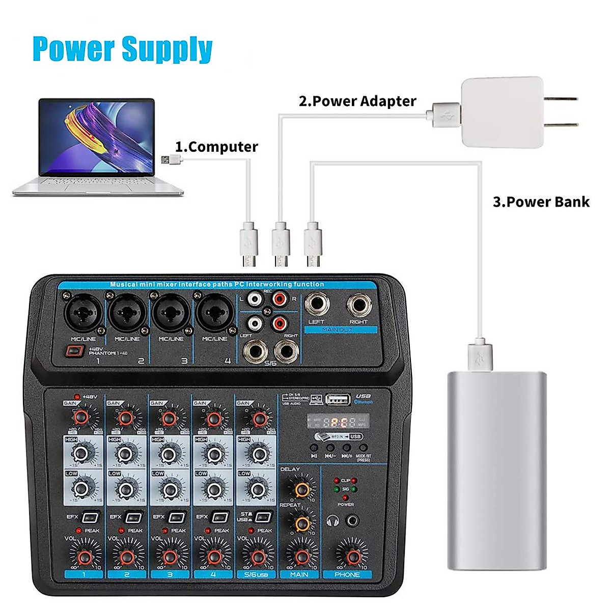Viiart Wireless Audio Mixer Sound Board-6 Channel Digital Bluetooth USB Computer Compatible Input DJ Controller Sound Mixer 48V Phantom Power Microphone in,Headphone Jack Stereo DJ Streaming(M6)